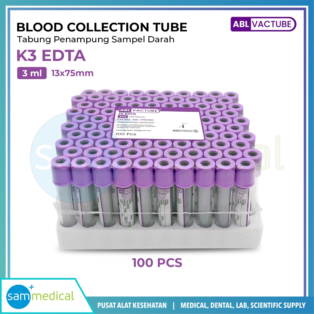 Jual ABL Vactube K3 EDTA 3ml / Tabung K3 EDTA (UNGU) / Tabung Sampel ...