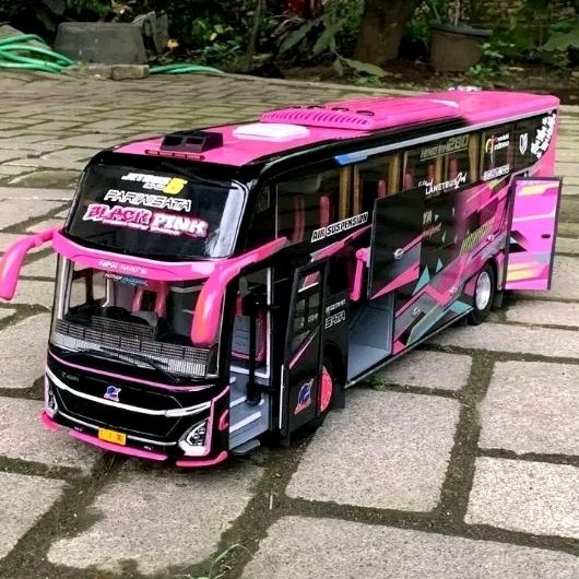 Jual miniatur bus stj black pink full lampu leed bus mainan anak viral trending telolet basuri ...