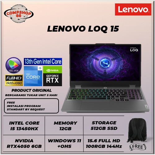 Jual Laptop Gaming Lenovo Loq 15 I5 13450HX RTX4050 6GB/ 12GB 512GB Windows 11 +OHS 15.6 Full HD ...