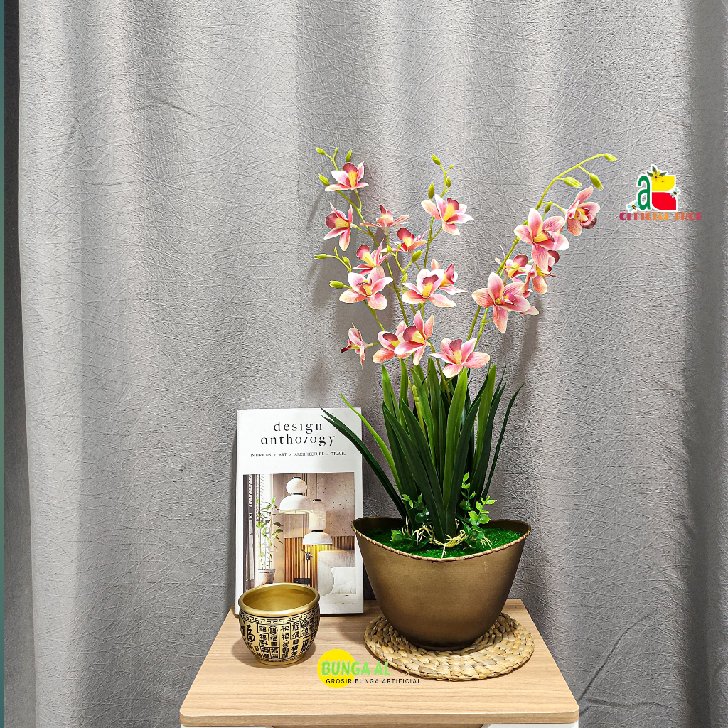 Jual 1 set rangkaian bunga anggrek vas gold kombinasi hitam cymbidium ...