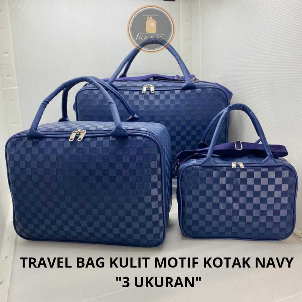 Jual Travel Bag Kulit Waterproof Motif Kotak Warna Navy / Tas Travel ...