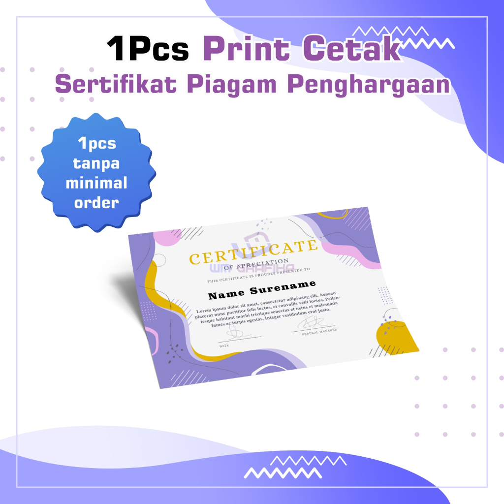 Jual 1 Pcs Print Cetak Sertifikat Piagam Penghargaan Ukuran F4 A4 ...