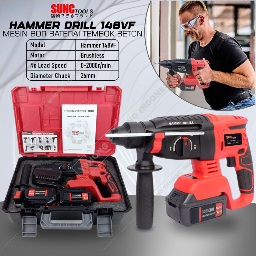 Jual Hammer Drill Mesin Bor Batere Bobok Beton Impact Hammer 2 Baterai ...