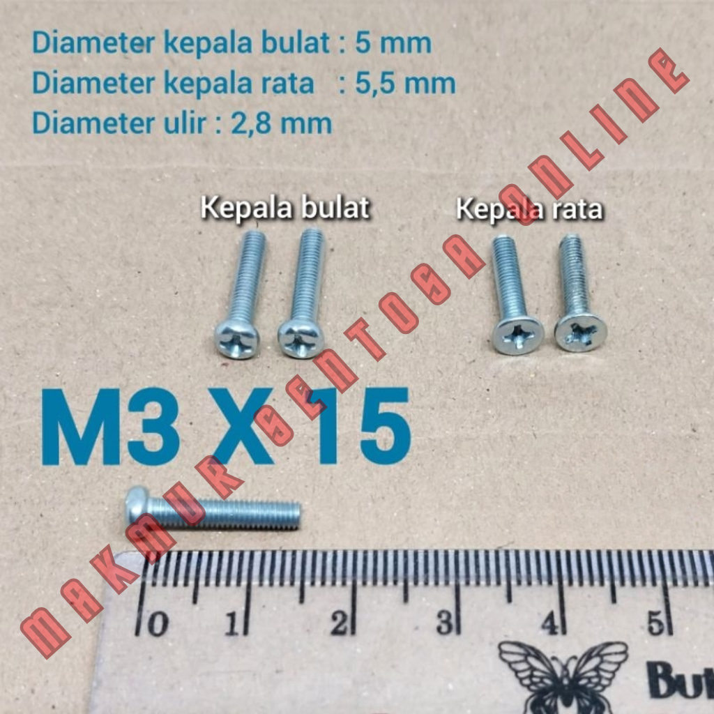 Jual Baut mur M3 x15 kepala bulat / rata besi kayu elektronika transistor | Shopee Indonesia
