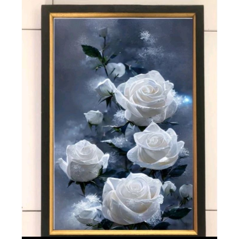Jual Hiasan dinding cetak gambar plus bingkai bunga mawar putih ukuran ...