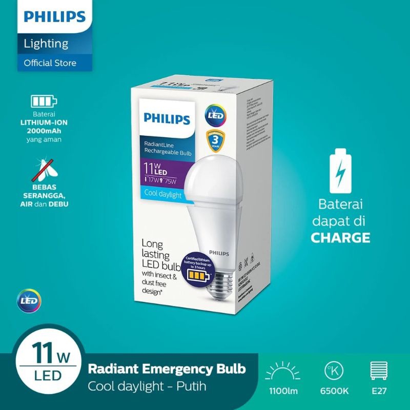 Jual LAMPU LED PHILIPS EMERGENCY PUTIH 11W 9W 8W 7.5W WATT BISA NYALA MESKIPUN LISTRIK MATI ...