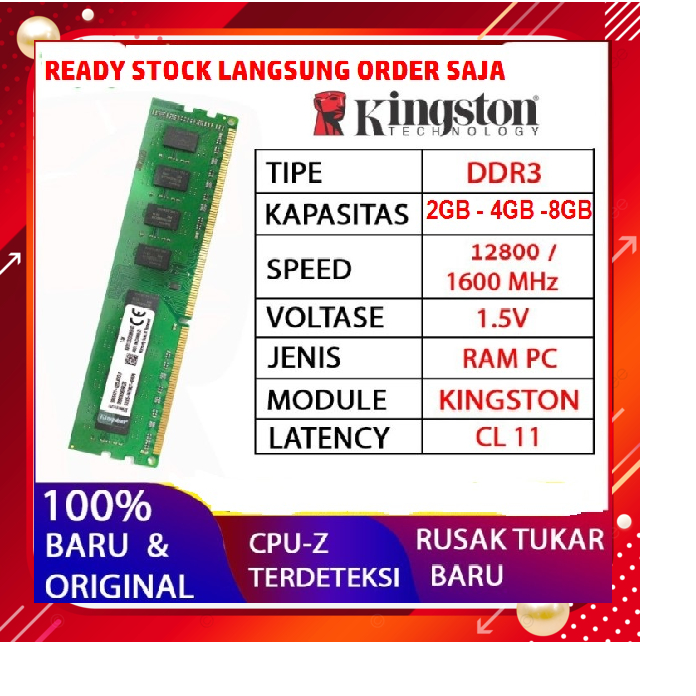 Jual MEMORY RAM PC DDR3 4GB 8GB PC 12800 KINGSTON | Shopee Indonesia