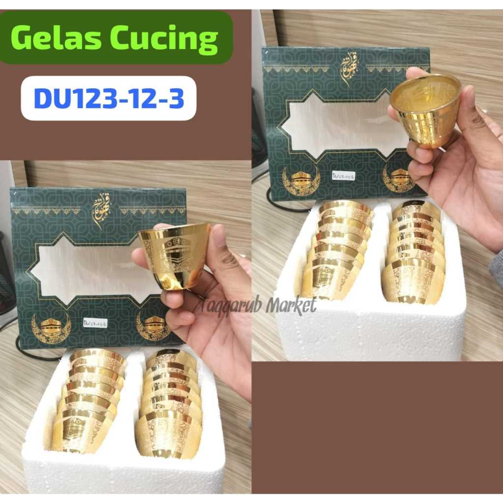 Jual Gelas Air Zamzam GOLD Kaca Set 12 pcs Cucing Kabah Cucing Motif ...