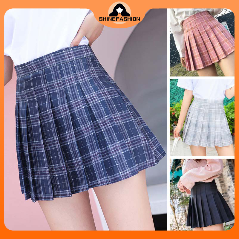 Jual Korean Mini Skirt Preppy Plaid Rok Lipit Motif Kotak Kotak ...