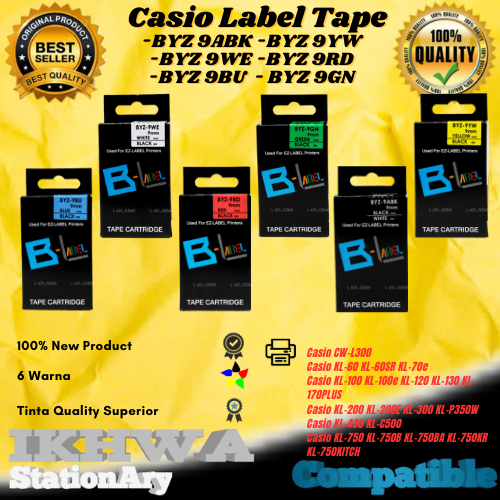 Jual Compatible Label Tape Casio BYZ 9ABK, BYZ 9WE, BYZ 9BU, BYZ 9YW ...