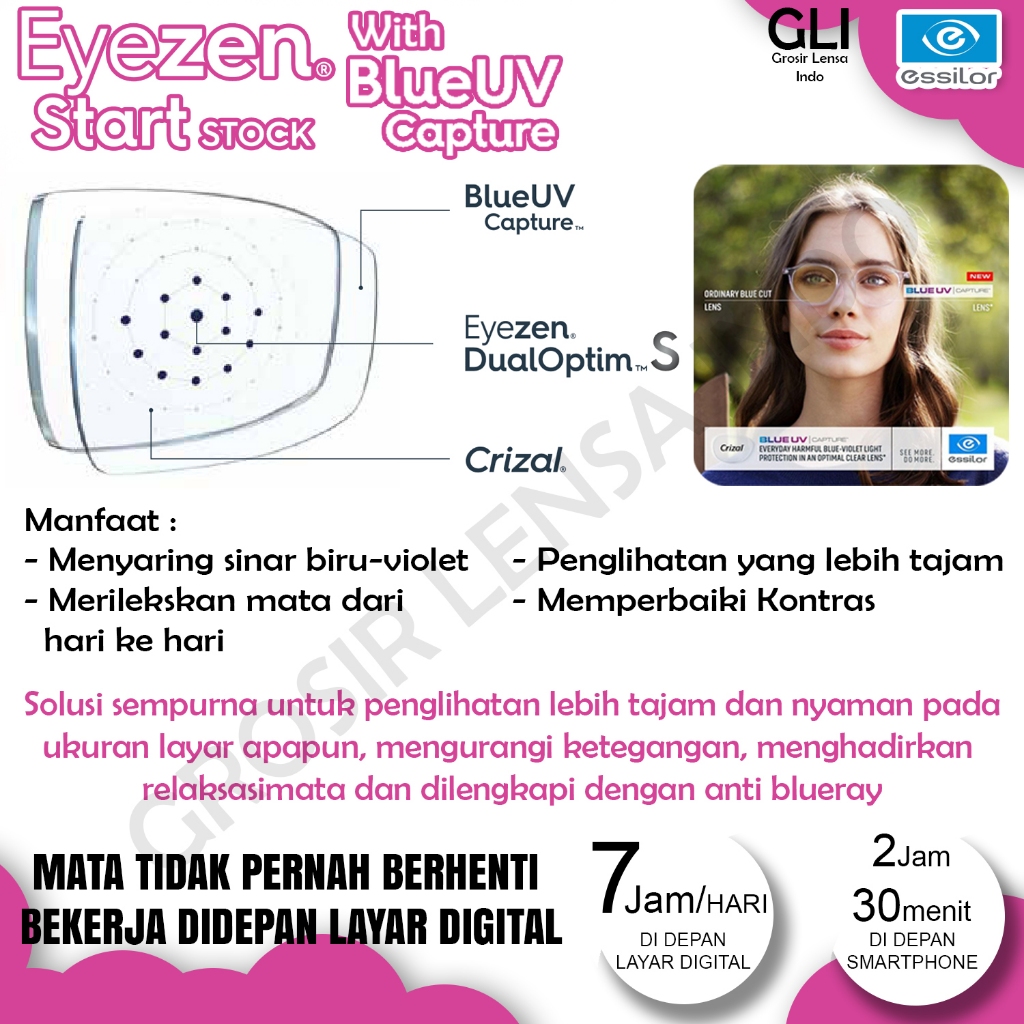Jual Lensa Essilor SV Eyezen Start 1.56 Blue UV Capture Sapphire STOK ...