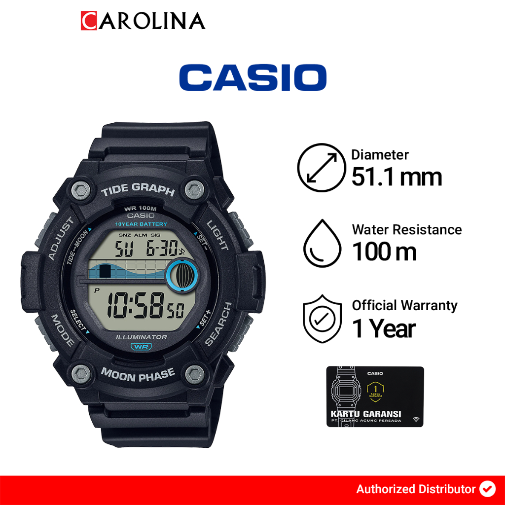 Jual Jam Tangan Pria Casio General WS-1300H-1A Tide Graph Digital Dial Black Resin Band | Shopee ...