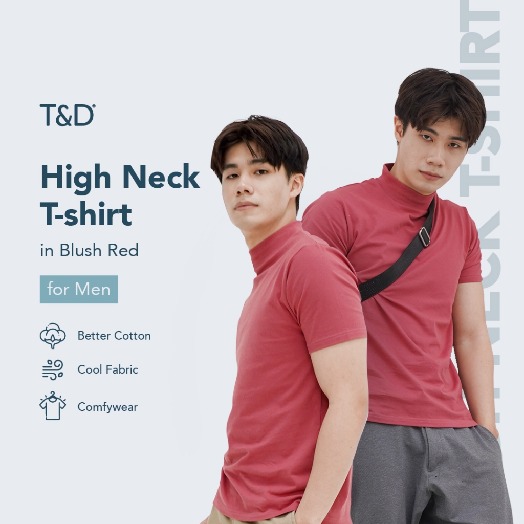 Jual Kaos Polos Cowok - Turtle Neck - High Neck T-Shirt Men - Blush Red - Lengan Pendek - T&D ...