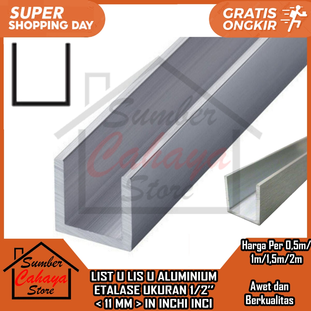 Jual LIS U ALUMINIUM U ½ 11 mm IN INCI INCH INCHI ALUMUNIUM SILVER CA ...