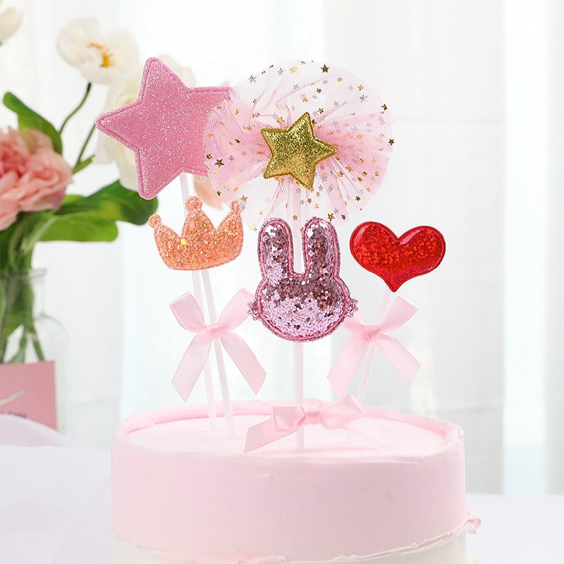 Jual Cake topper mahkota kelinci hati bintang set isi 5pc / toper crown rabbit heart love star ...
