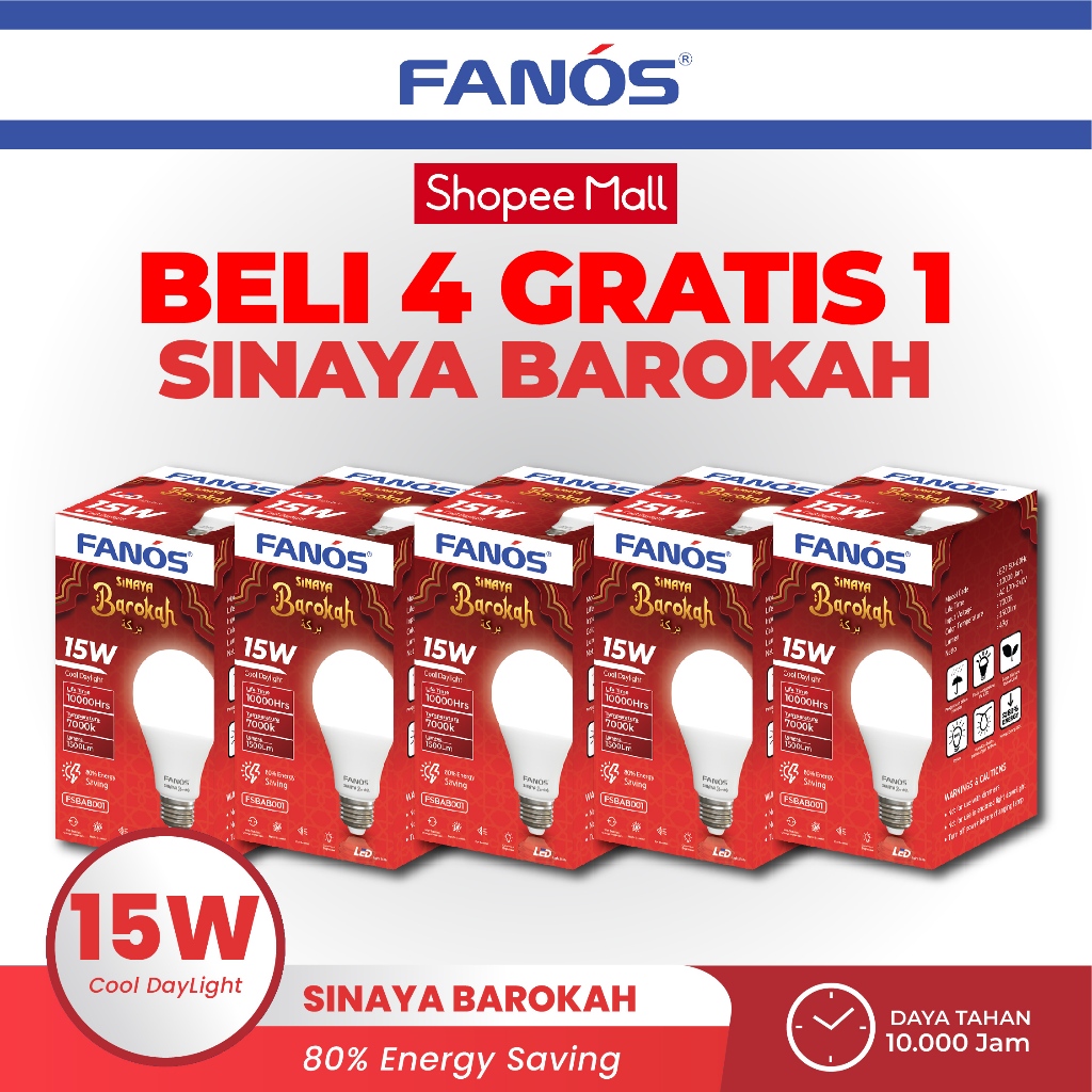 Jual Fanos Sinaya Barokah 15W [Beli 4 Gratis 1] Lampu LED Bohlam Cahaya Putih | Shopee Indonesia