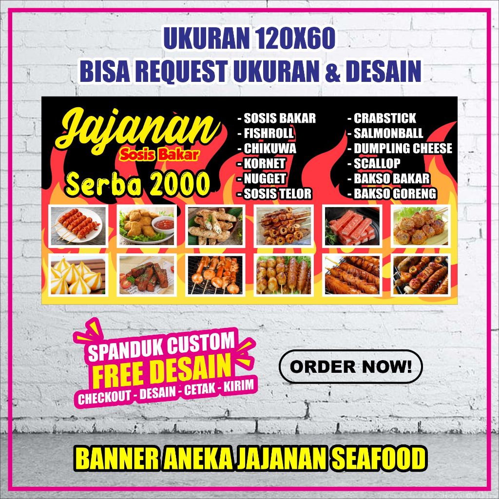 Jual Spanduk/Banner/Backdrop Aneka Jajanan Seafood Ukuran 120x60 COD ...