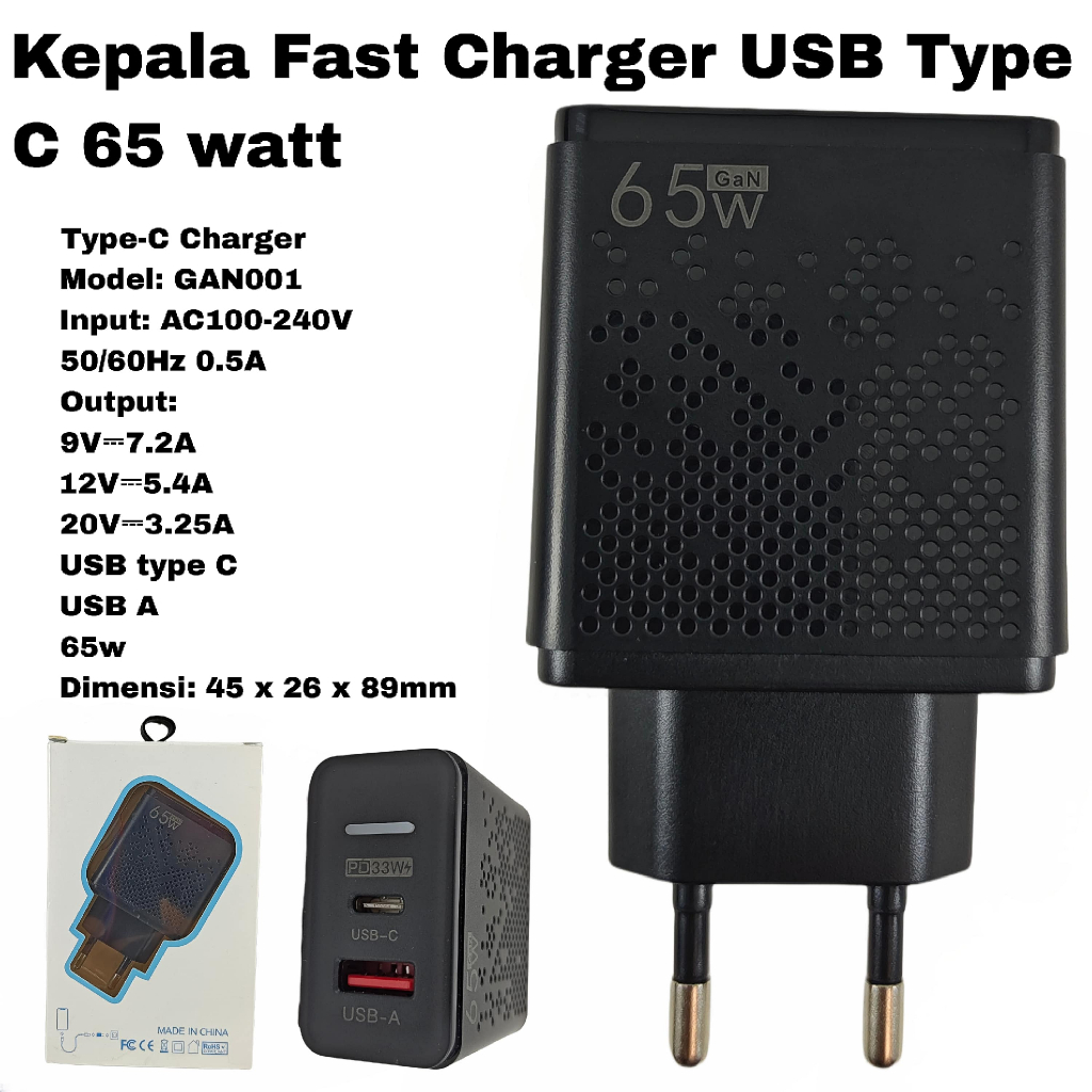Jual Kepala Fast Charger USB Type C 65 watt Casan Hp 65w | Shopee Indonesia