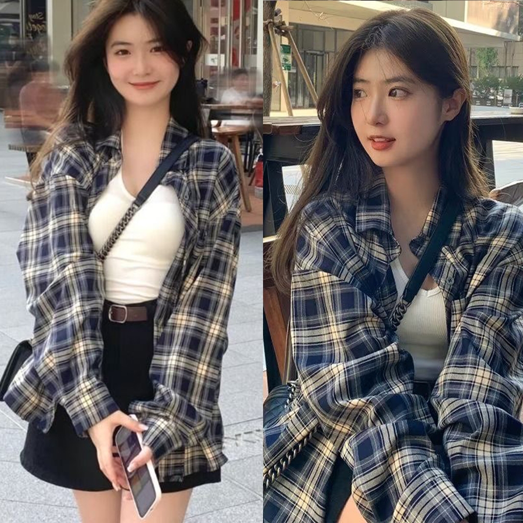 Jual Kemeja Casual Salur Wanita Kemeja Korea Lengan Panjang Stripe ShirtWanita Import | Shopee ...