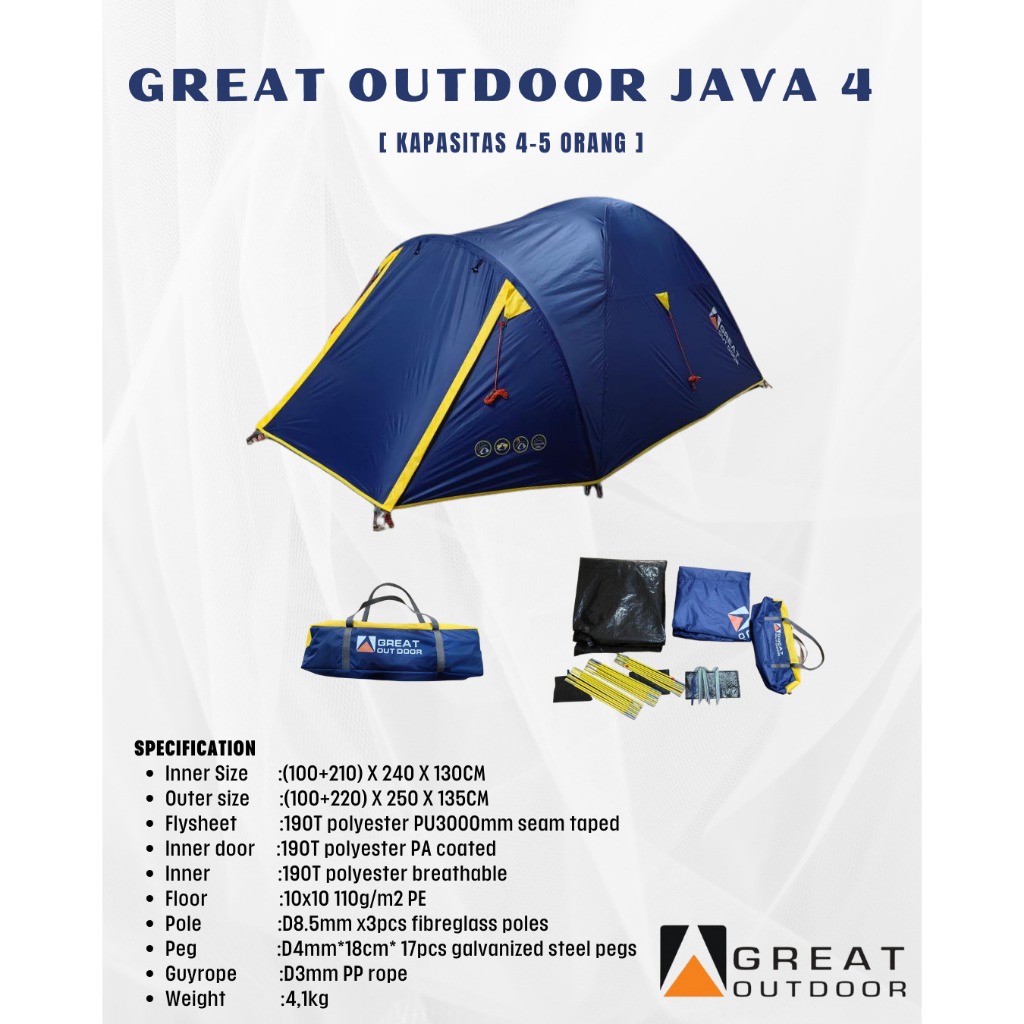 Jual Tenda Camping Java 4 GREAT OUTDOOR Kapasitas 4-5 Orang Dome Double Layer Tenda Camping ...