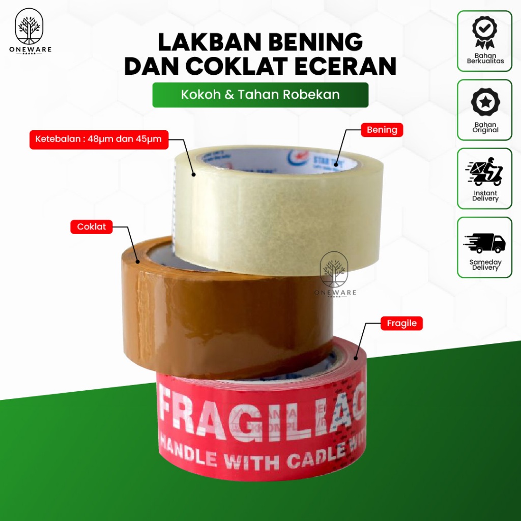 Jual Lakban Bening Coklat Fragile 45 mm & 48 mm Eceran Alat Packing ...