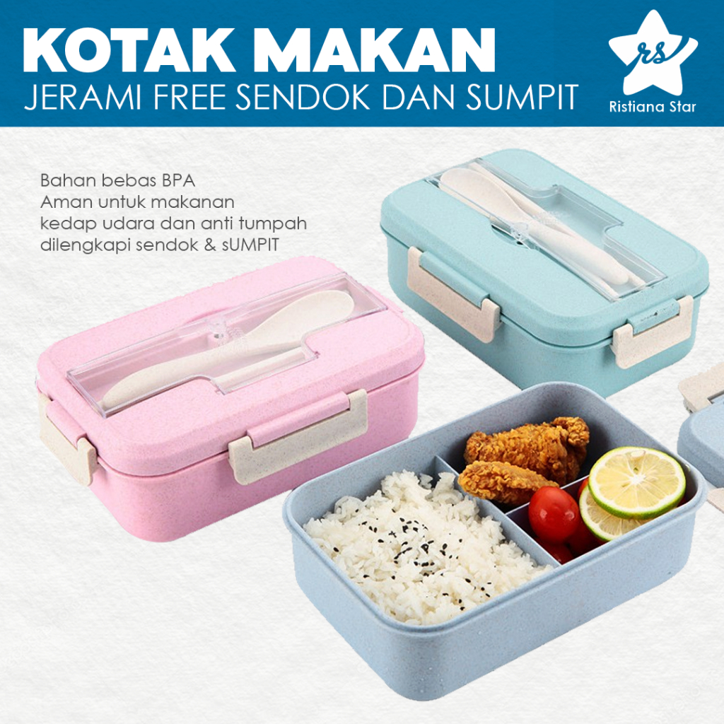 Jual Lunch Box Set Kotak Bekal Makan Jerami Gandum kotak makan Anti Tumpah Free Sendok dan ...