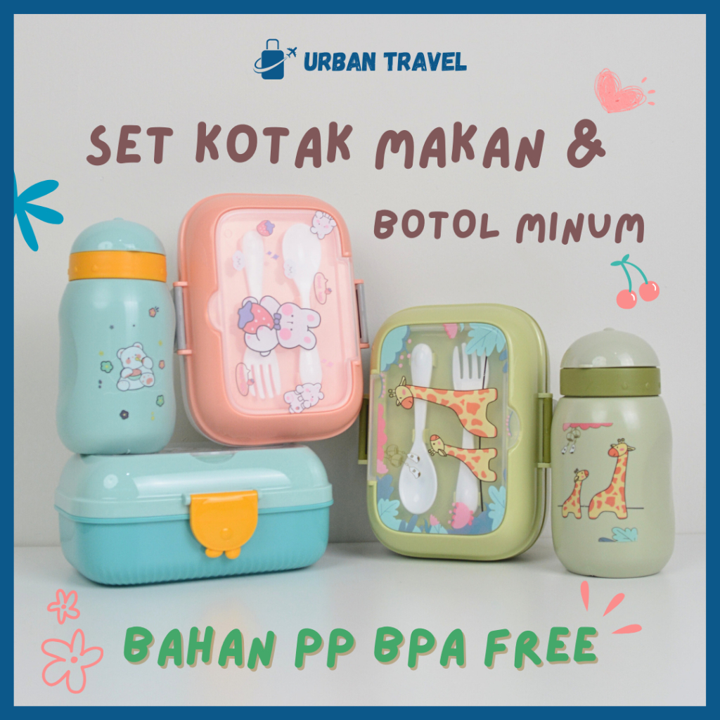 Jual Set Botol Minum dan Kotak Makan Anak Motif Karakter Lucu BPA Free 2 Tingkat Bonus Sendok ...