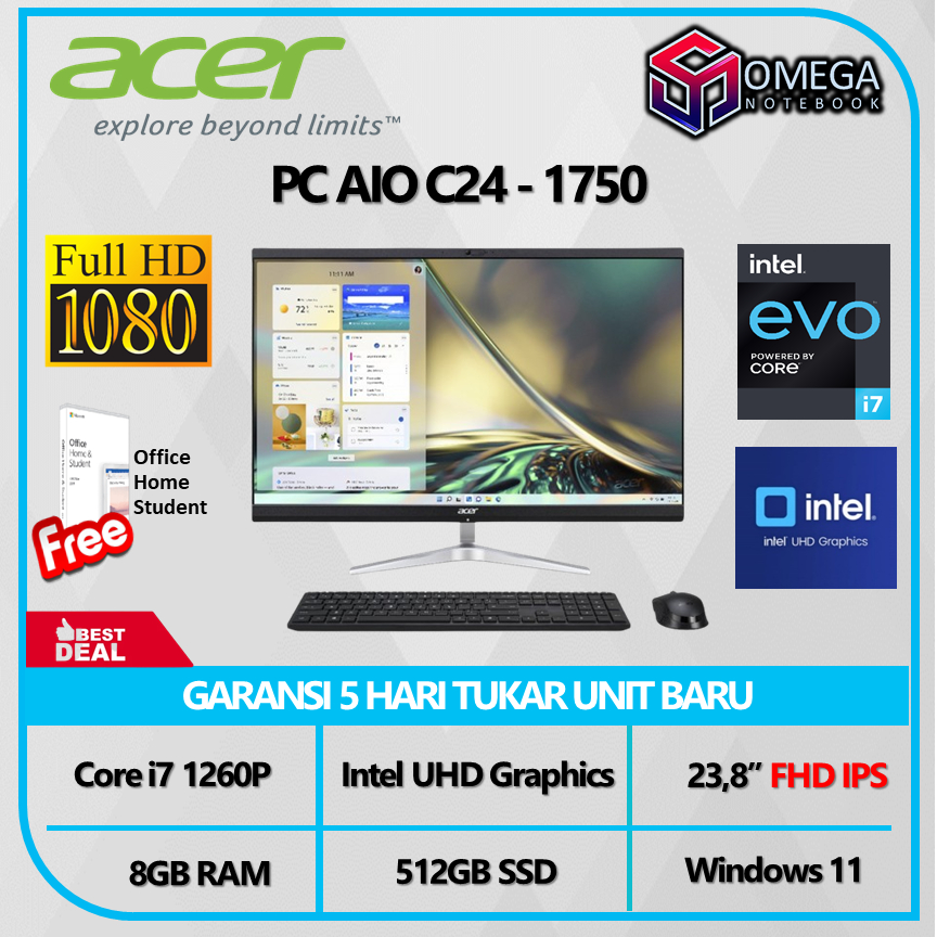 Jual ACER PC ALL IN ONE AIO ASPIRE C24 1750 i7 1260P 16GB 512GB UHD 23 ...