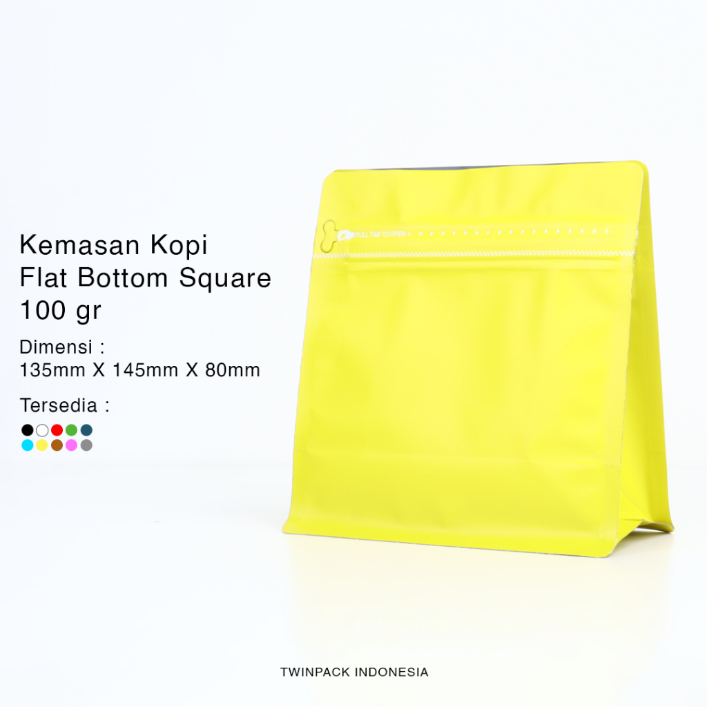 Jual Kemasan Kopi 100 Gram Ziplock Kuning Flat Bottom Square Wide ...