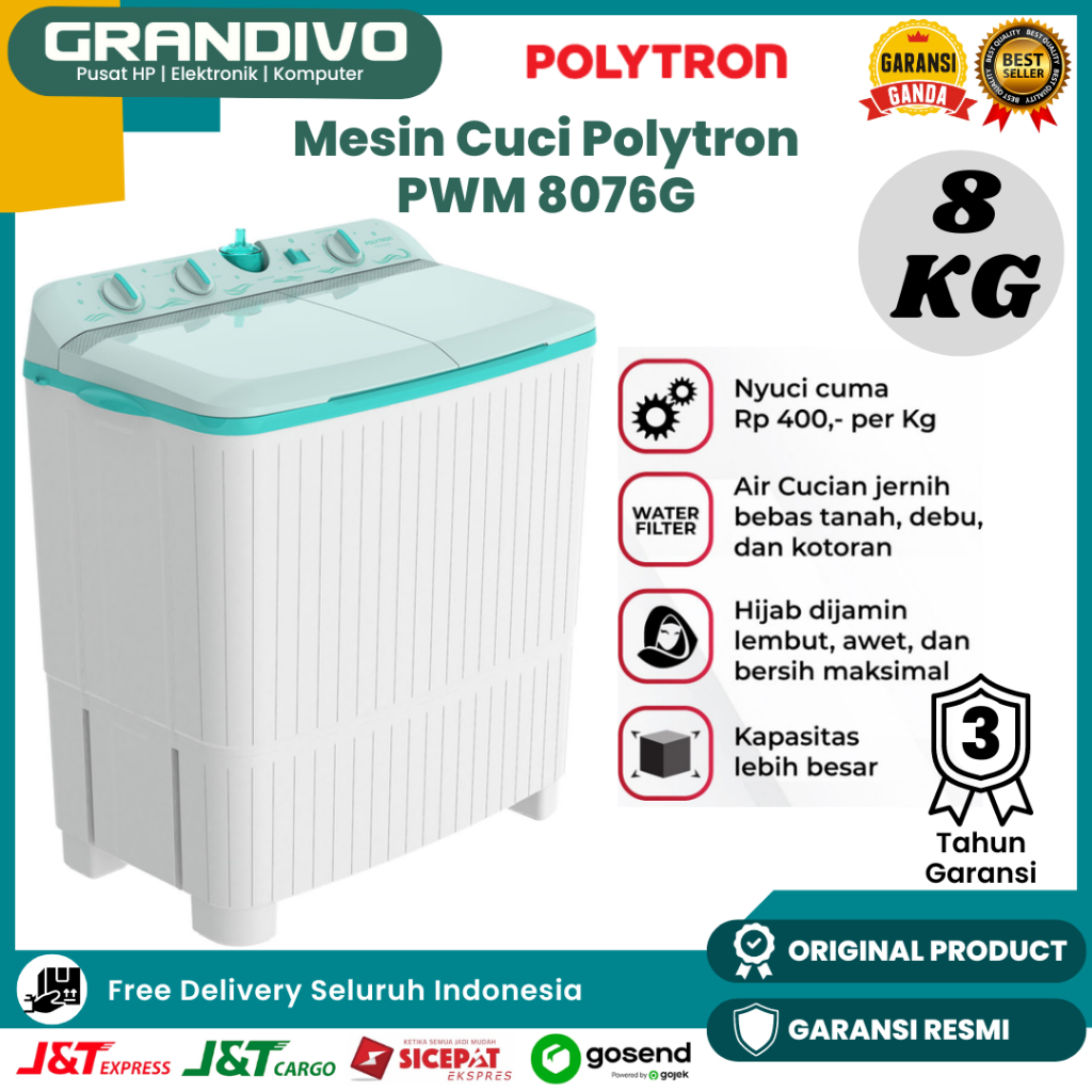 Jual Mesin Cuci Polytron 8KG Dua Tabung PWM 8076 Low Watt Water Selector Hijab Mode - Grandivo ...