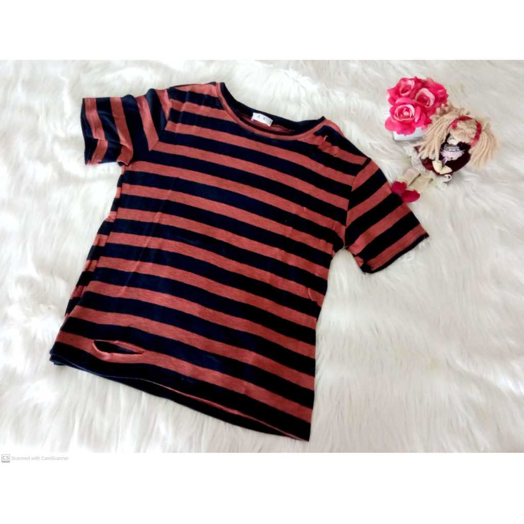 Jual Blouse wanita bahan kaos garis-garis coklat hitam (Pre-loved ...