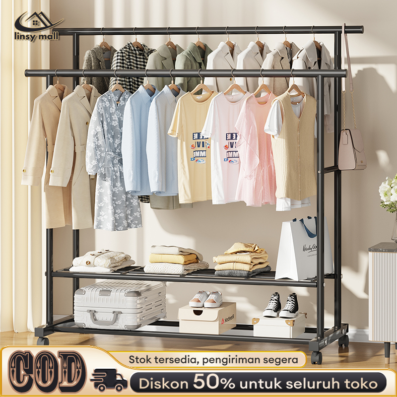 Jual Rak Gantungan Baju Serbaguna Dengan Roda Double Stand Hanger Rak ...