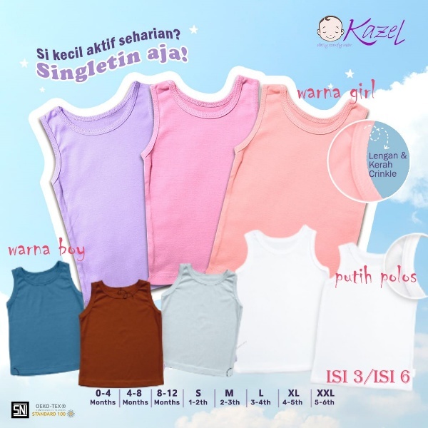 Jual Kazel Singlet / KAOS DALAM ANAK KAZEL putih / warna ISI 3 PCS/ISI ...