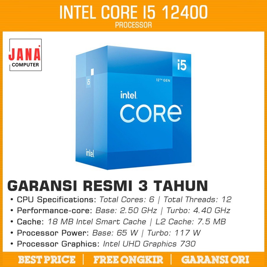 Jual Intel Core i5 12400 Box | 4.4Ghz 6C 12T | GEN 12th LGA1700 Alder ...