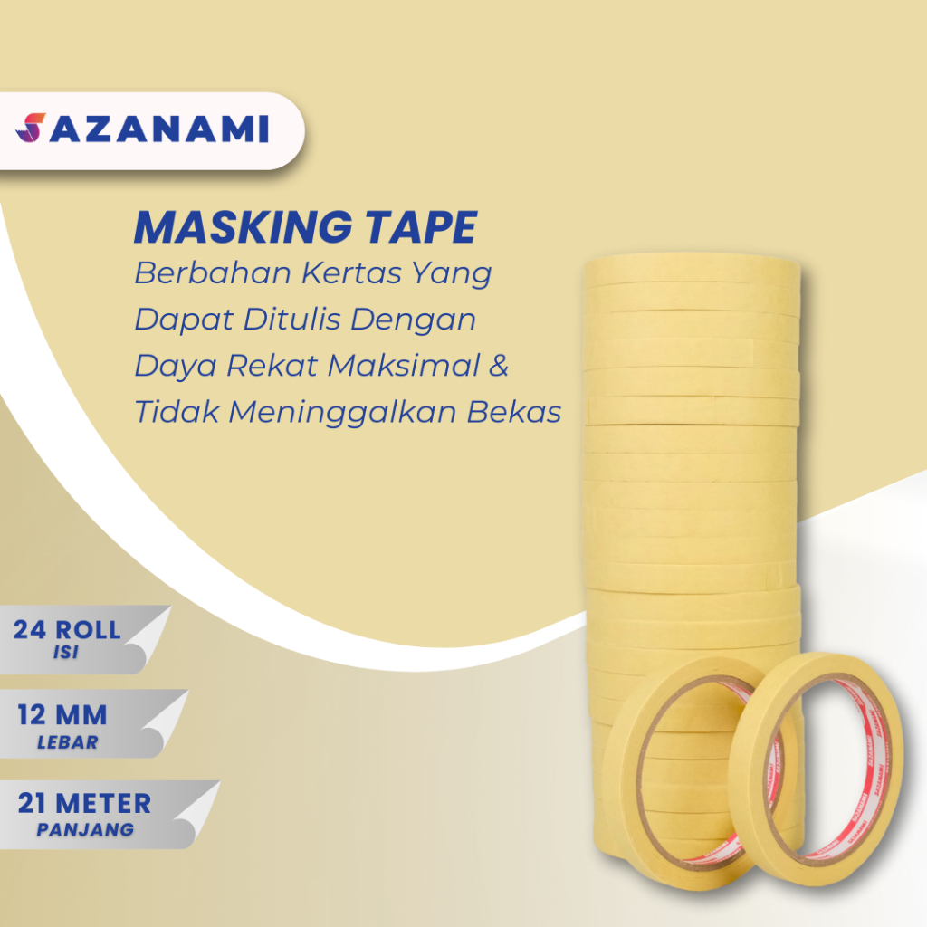 Jual 1 PACK Lakban Kertas Masking Tape 1/2" Inch 12mm x 21m Sazanami ...