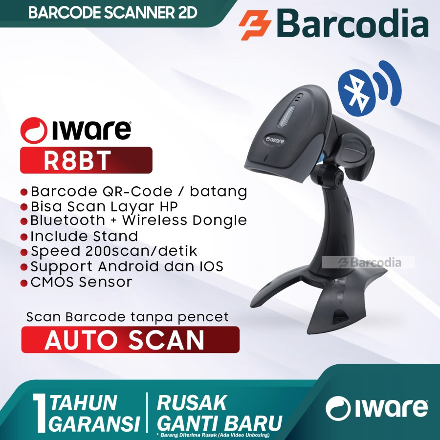 Jual BARCODIA Scanner Bluetooth Iware R-8BT Barcode 2D With Stand ...