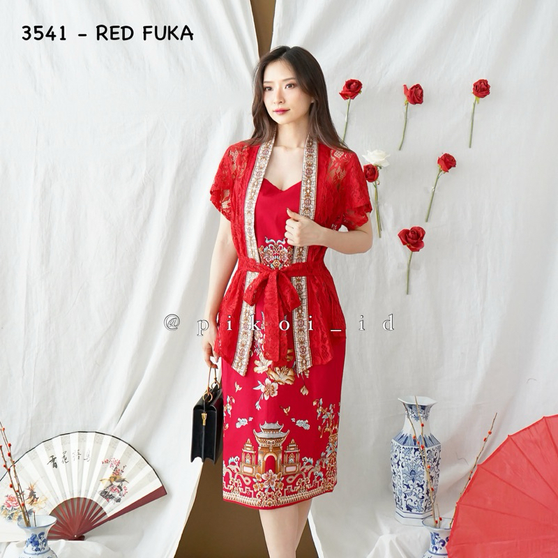 Jual Dress cheongsam merah CNY terbaru / Midi dress lace batik brukat ikat shoulder pad qipao ...