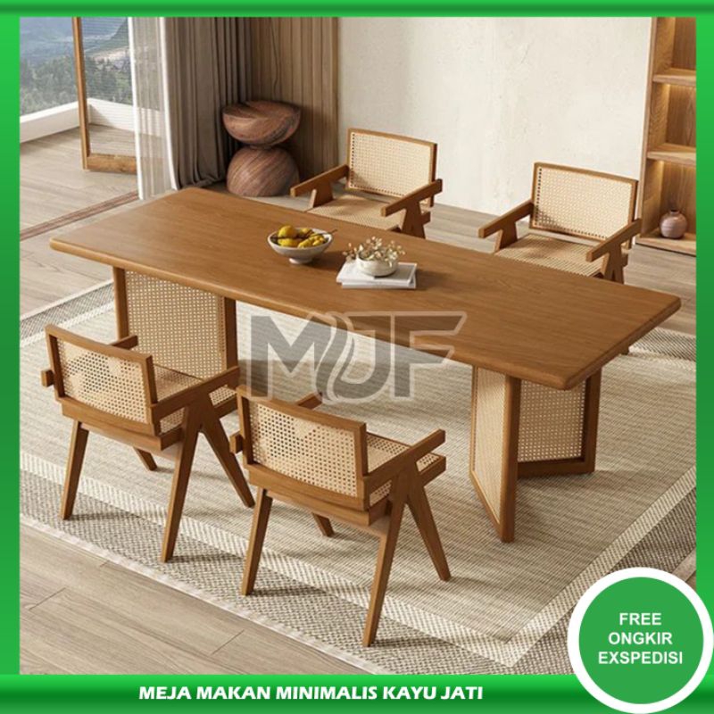 Jual Set meja makan minimalis kayu jati 4 kursi A kombinasi rotan | Shopee Indonesia