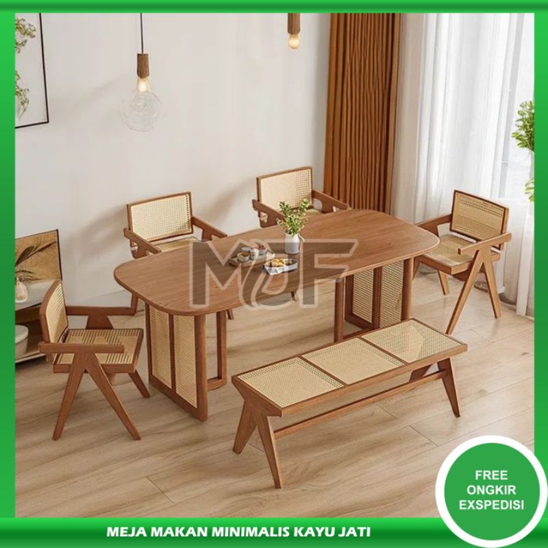 Jual Set meja makan minimalis 4 kursi + bench kayu jati kombinasi rotan | Shopee Indonesia