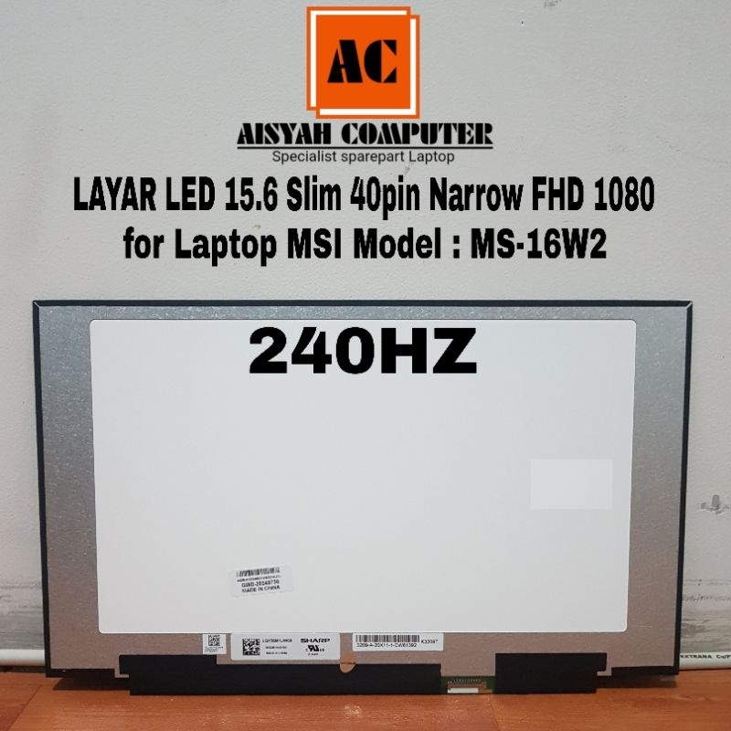 Jual LAYAR LED 15.6 Slim 40pin 240Hz Full HD for Laptop MSI Model: MS ...