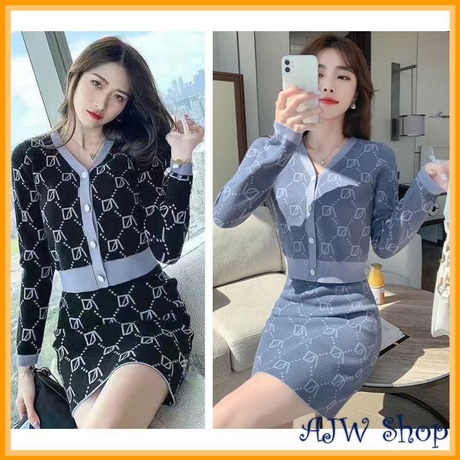 Jual AJW One Set Wanita Korean Style Atasan Dan Rok Knit Premium WCB ...