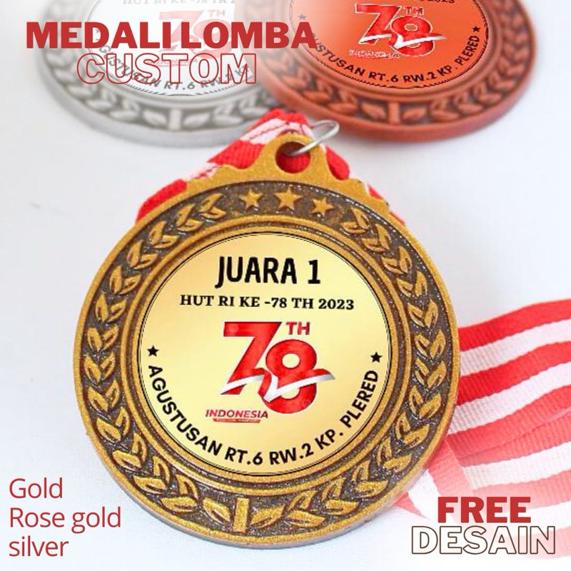 Jual WORDGIFT Medali costum Warna Emas Perak Perunggu Plus Tali Merah ...