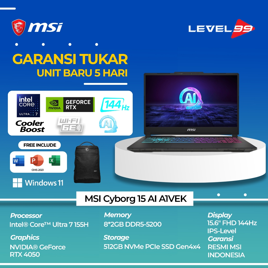 Jual Laptop Gaming MSI Cyborg 15 AI A1VEK 009 Ultra 7 155H/512GB/RTX4050 | Shopee Indonesia