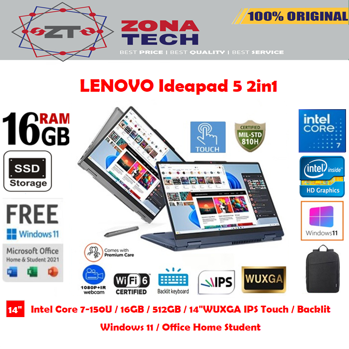 Jual LENOVO IdeaPad 5 2-in-1 Core™ 7-150U 16GB - 512GB SSD 14"WUXGA IPS Touch W11 OHS | Shopee ...
