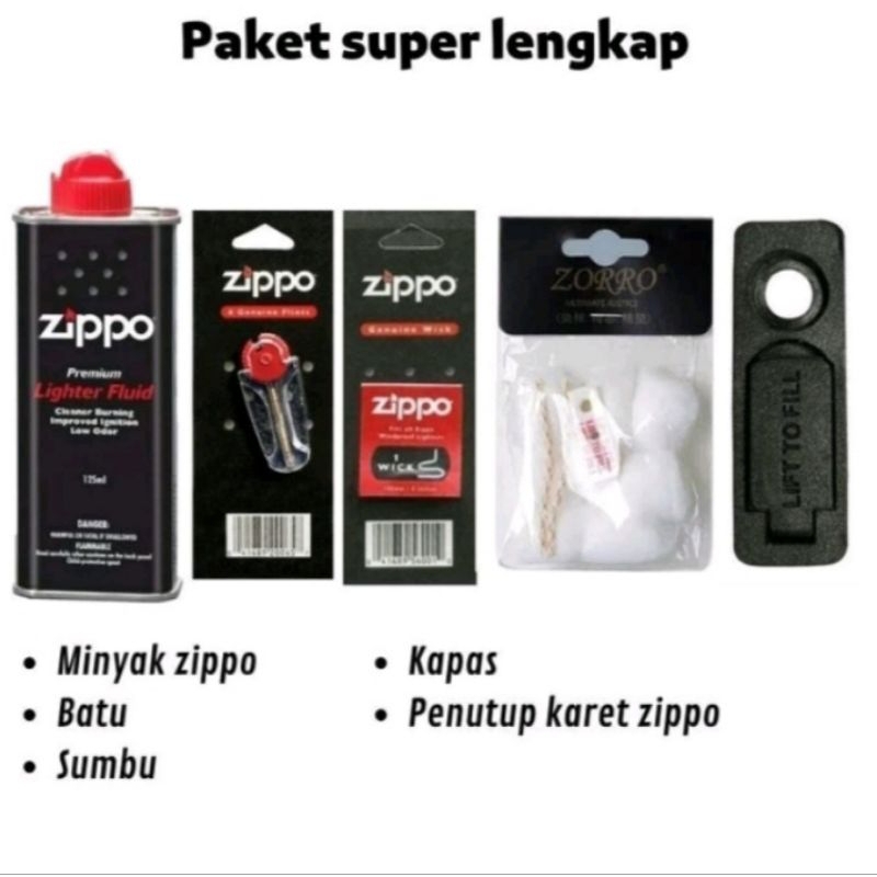 Jual Paket Zippo + BATU + SUMBU + KAPAS+PENUTUP PAKET SUPER LENGKAP ...