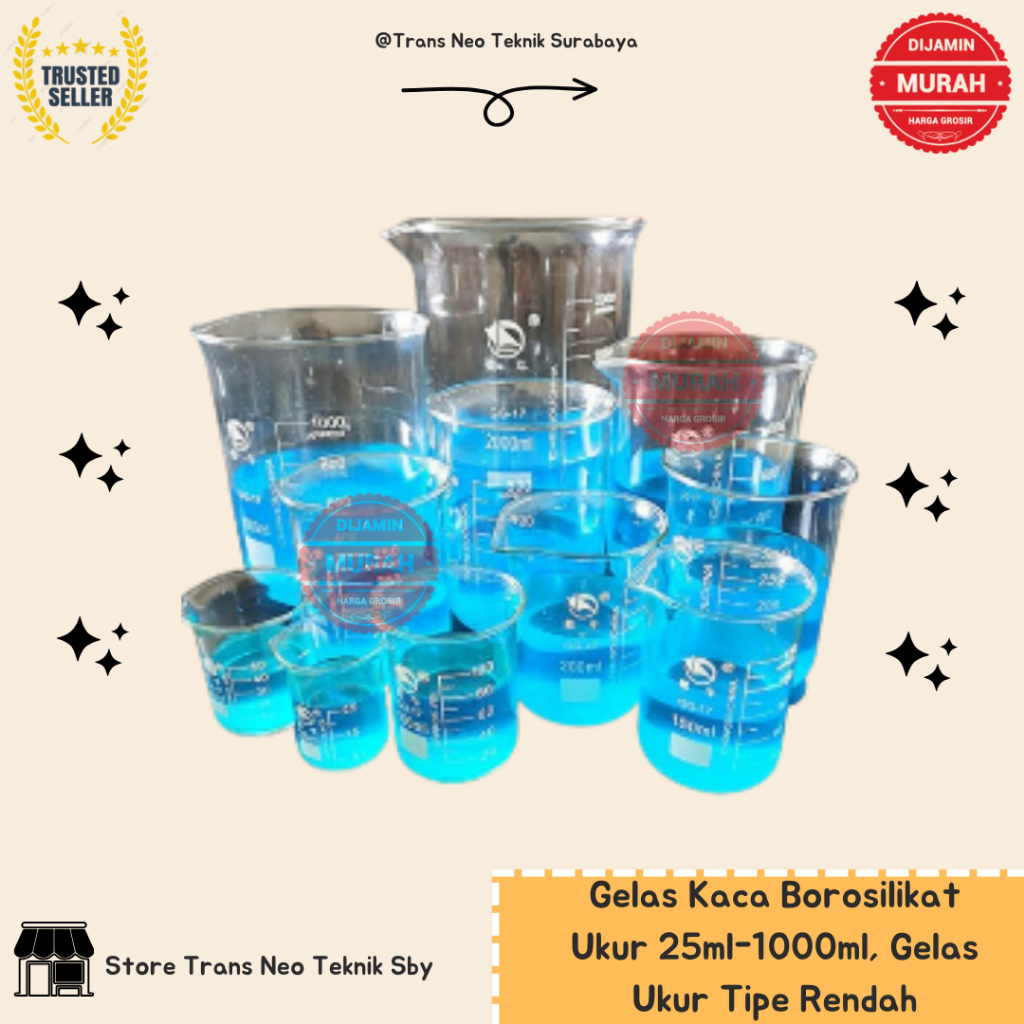 Jual Gelas Kaca Borosilikat Ukur 25ml-1000ml, Gelas Ukur Tipe Rendah ...