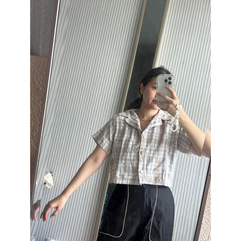 Jual soft pink white checkered top | Shopee Indonesia