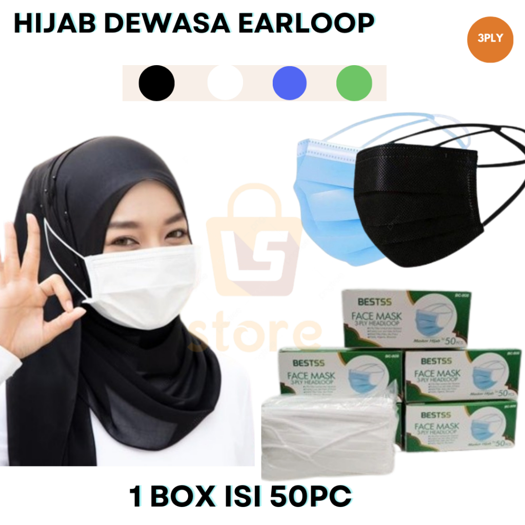 Jual MASKER HEADLOOP HIJAB 3PLY PUTIH MASKER DISPOSABLE 1 BOX ISI 50PC ...