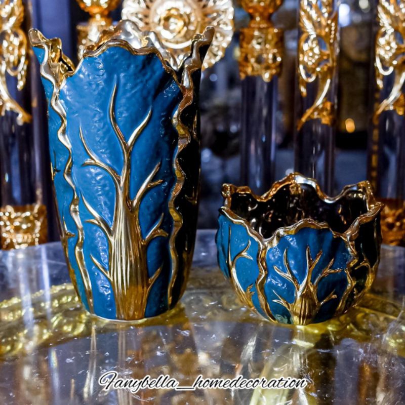 Jual Guci Vas Bunga Keramik Mewah Hijau Emas Gold Akar Porselen ...