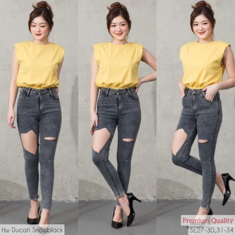 Jual HIGHWAIST CELANA PANJANG BOLONG HW DUCATI SNOW BLACK JEANS JUMBO ...